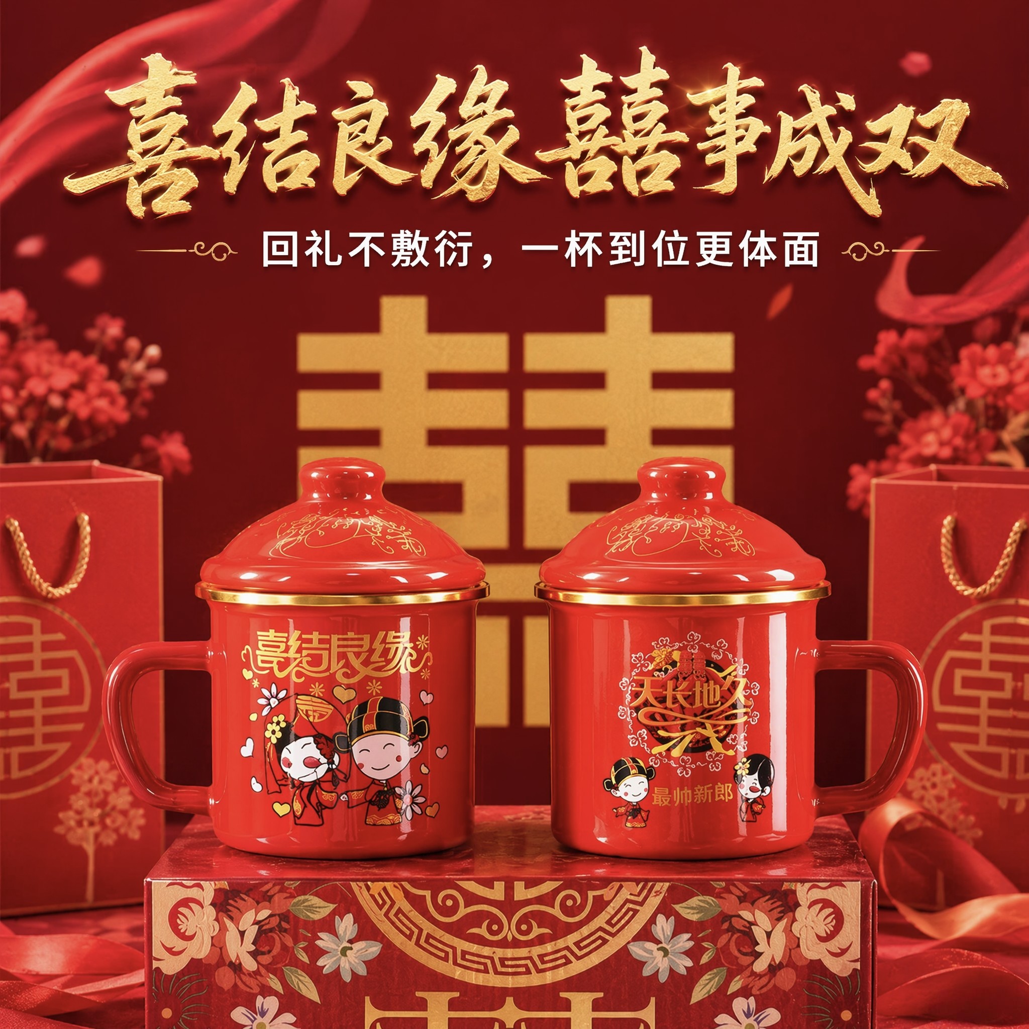 搪瓷杯新人结婚婚宴回礼喜庆杯婚庆用品带盖漱口杯情侣伴手礼水杯
