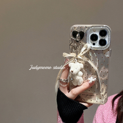 苹果16春日杏色波点小熊挂件软壳