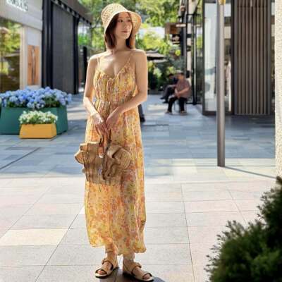 澳洲Z家代购26春夏新款黄SOLSTICE真丝吊带花卉图案连体连身长裤