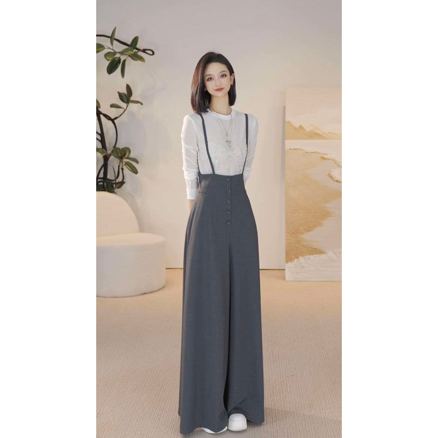 小灰兔专柜正品代购2026秋装新款背带裤高腰细肩带阔腿裤110063