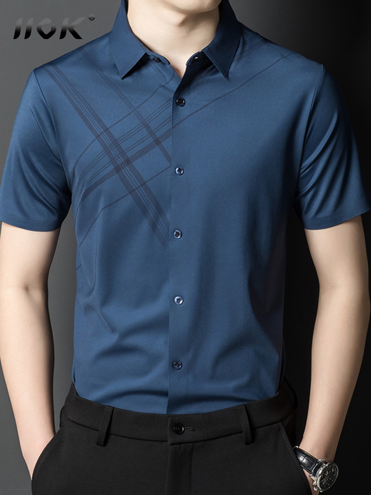 IIOK高端夏季短袖桑蚕丝条纹衬衫男士商务休闲修身免烫寸衣中年装_虎窝淘