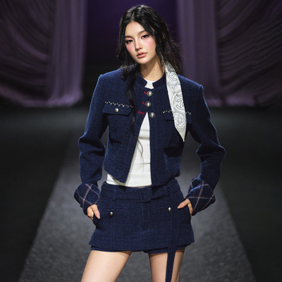 AGAM 小香风明线菱格纹羊毛夹克外套/宽腰带A字裙裤套装两件套