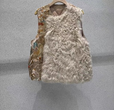 欧洲站新中式圆领桑蚕丝金线羊羔毛细闪夹棉马甲 21801