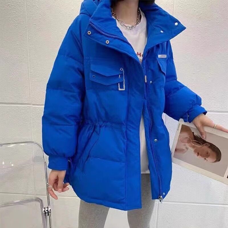 果糖色女春冬装收腰厚中长款立领连帽宽松羽绒服棉衣服风大衣外套