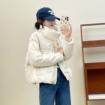 惠衣阁冬女立领羽绒棉服牛角扣羽绒外套韩版休闲PU拼接短款防寒服