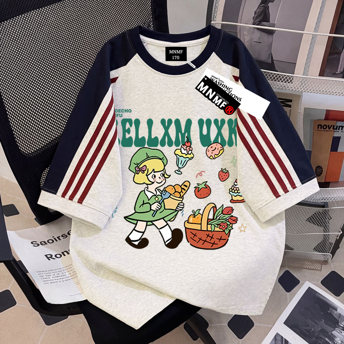 韩系ins风卡通印花男女童夏季款纯棉插肩三条杠短袖T恤中大童百搭