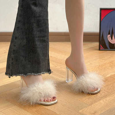 粗跟外穿拖鞋凉拖鞋仙女风毛毛