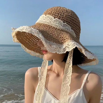 草帽女夏季大帽檐薄款透气蕾丝花边镂空防晒遮全脸超大帽子高级感