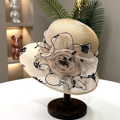 夏季女士欧根纱花朵盆帽户外防紫外线太阳帽英伦复古防晒遮阳凉帽