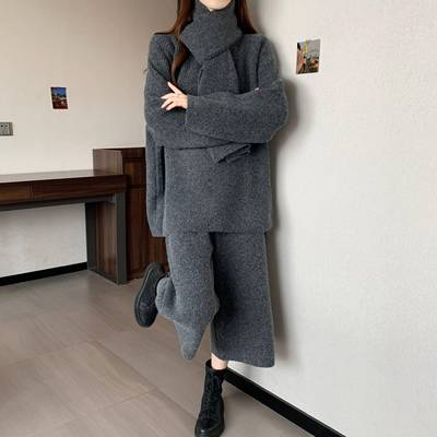 加厚慵懒风针织毛衣阔腿裤两件套女秋冬大码胖mm宽松显瘦休闲套装