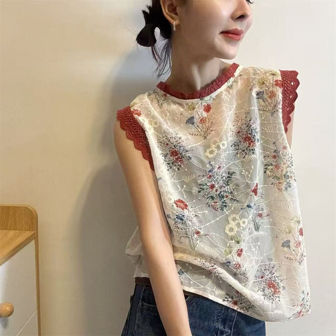 法式蕾丝衫女无袖碎花上衣2026夏季薄款花边领透气百搭小衫32586
