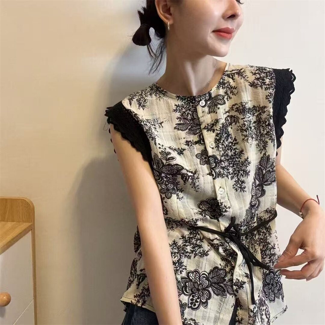 法式蕾丝拼接印花衬衫女2026夏季新款无袖系带收腰上衣小衫32583