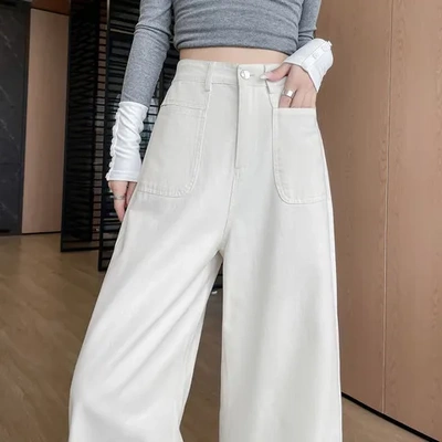 新款阔腿裤休闲裤显瘦秋季洗水棉2025直筒卡其色小个子垂感女高腰
