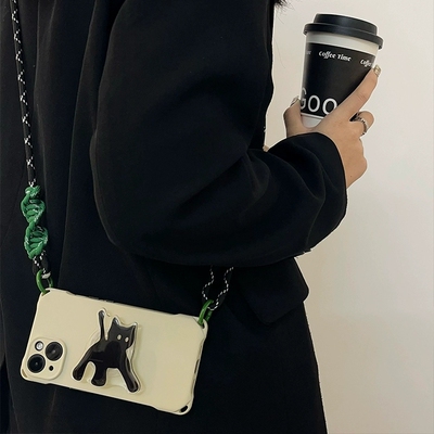 三脚黑猫支架适用小米15/14/12T/11手机壳13C/10S红米K60E/K50/K70斜跨挂绳Note13/12T手提链CIVI2可爱K30PRO