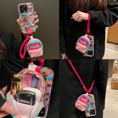 彩格潮猫旅游小书包三星s24/A55手机壳S23 ultra/Note20斜挎绳A22/A53/A54/S105G硅胶s21u/S24FE/S21+可爱S20