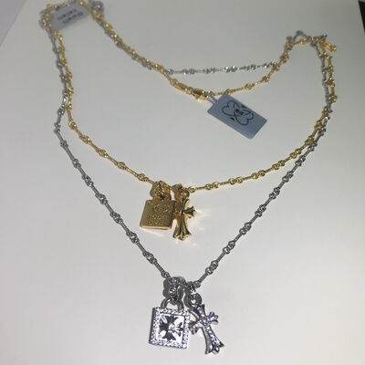 向卉意大利中古库存回流925克家方牌十字架双吊坠欧银项链