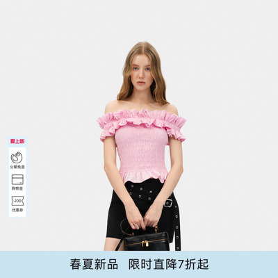 PINKO女士2026年夏季新款优雅一字肩荷叶边上衣PAF26125320