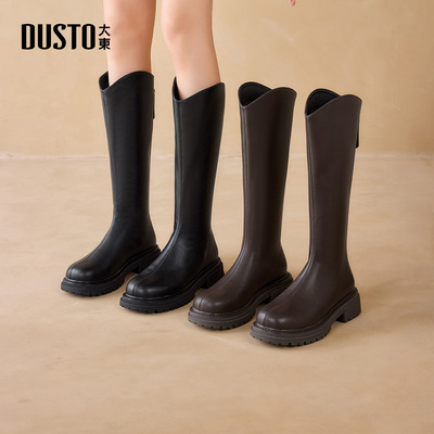 大东骑士靴女鞋2025年冬季新款简约粗跟中跟后拉链圆头光板D0119