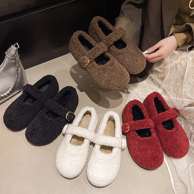 仙女风一字扣带玛丽珍毛毛鞋女