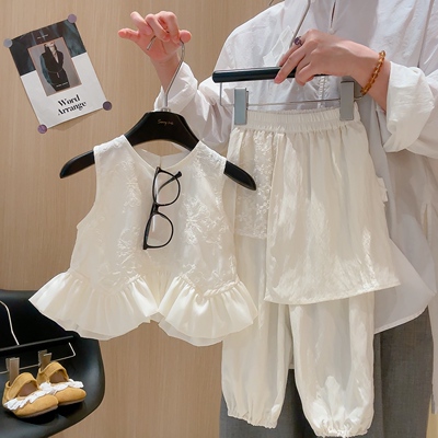 【现】女童洋气提花刺绣马甲蕾丝拼接长裤两件套2026夏款S18005嘉
