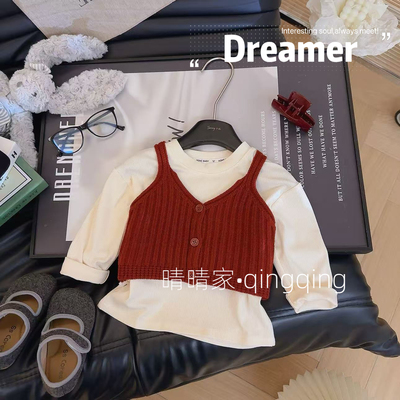 女童韩版洋气休闲新年红马甲打底衫套装2026早春新款HSMJ+MXSDD睦
