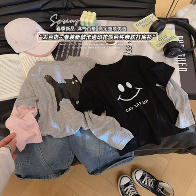 女童假两件拼接长袖T恤洋气百搭打底2026春季MXD新款亲肤B03