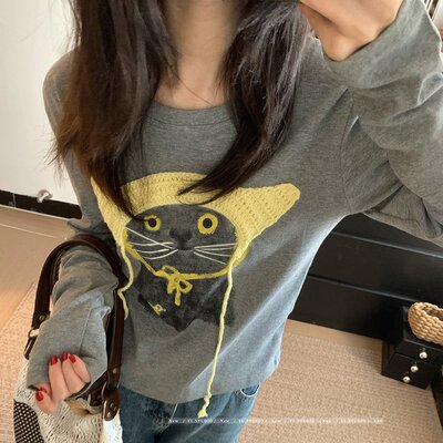实拍长袖t恤打底衫女装薄款春秋新款卡通刺绣花圆领韩版上衣