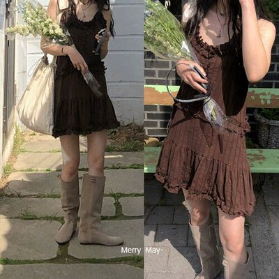 木耳边吊带显瘦女连衣裙短裙