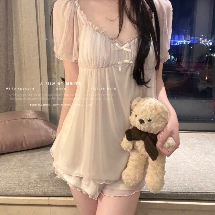 莫代尔睡衣女夏季薄款凉感短袖短裤套装带胸垫纯欲性感蕾丝家居服