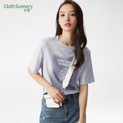 布景短袖女春夏新品简约字母花卉渐变印花设计感纯棉上衣0351