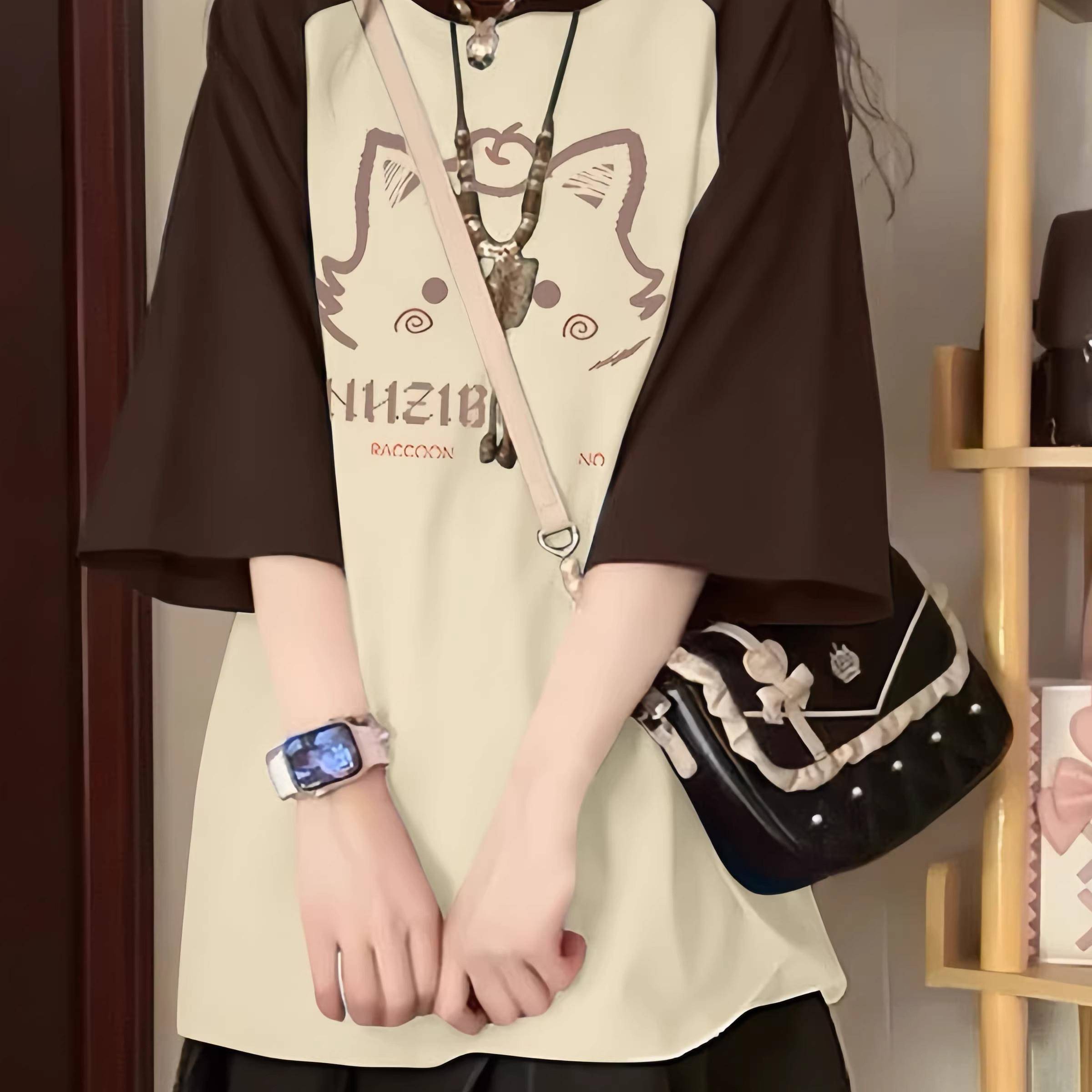 美式复古插肩短袖t恤女大童夏季装2026初中高中学生宽松纯棉上衣