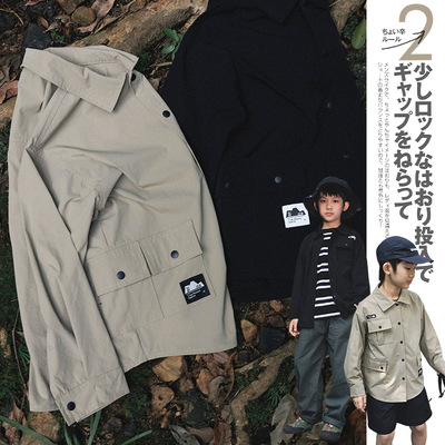 儿童衬衫2026春季新款日系男童长袖翻领衬衣中大童多口袋工装外套