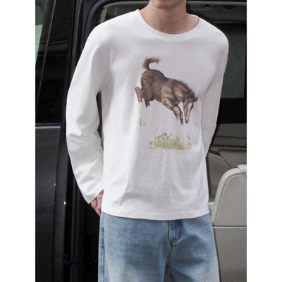 SDR汉麻棉小马印花宽松长袖T恤