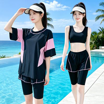 运动分体大码泳衣女三件套胖m200斤遮肚显瘦宽松学生长裤温泉泳装