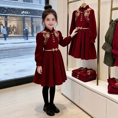 VYEO女童冬季加厚新中式旗袍裙