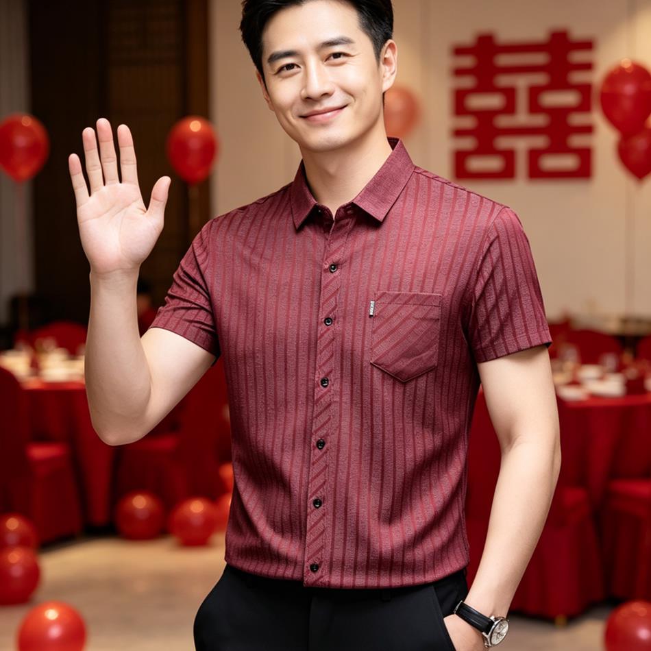 喜爸爸婚宴装2026新款喜服平时可穿高端喜公公夏季短袖带口袋衬衫
