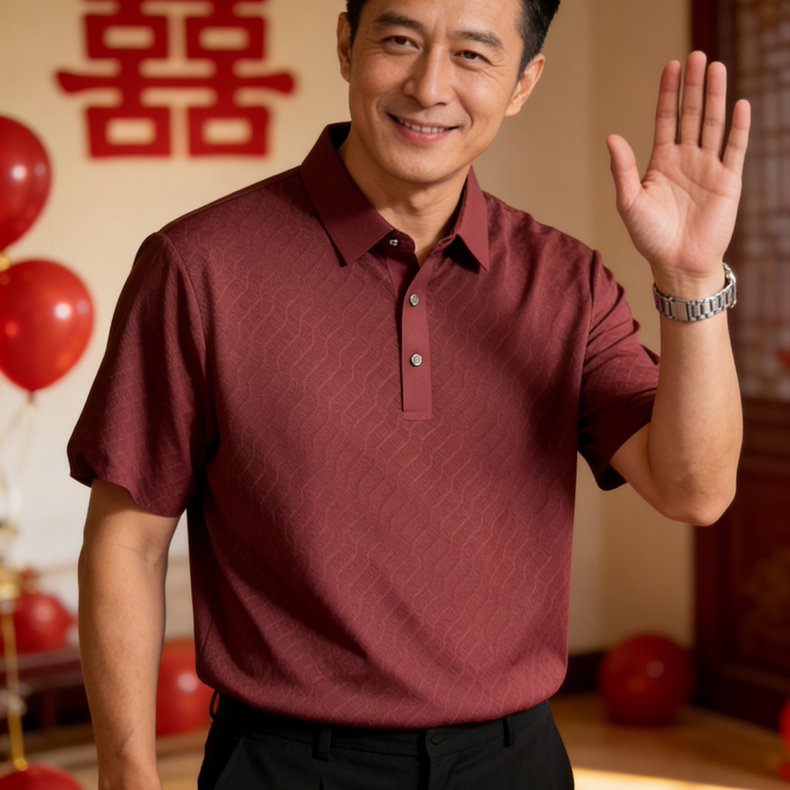 高端暗纹喜爸爸婚宴装翻领短袖polo衫男酒红色冰丝商务高级感T恤