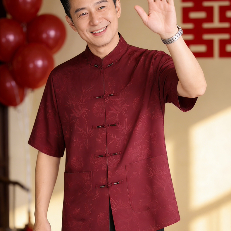 喜爸爸公公婚宴装平时可穿2026新款爷爷短袖衣服高端新中式男衬衫