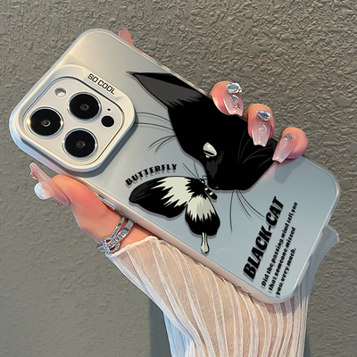 蝴蝶手机壳适用苹果15promax猫咪iphone14plus熊猫13Pro黑白创意12可爱小众11新款xr磨砂xs彩银防摔max高级感