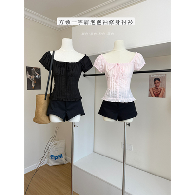 POPWEST丨镂空方领一字肩泡泡袖小衫蝴蝶结蕾丝衬衣衬衫女