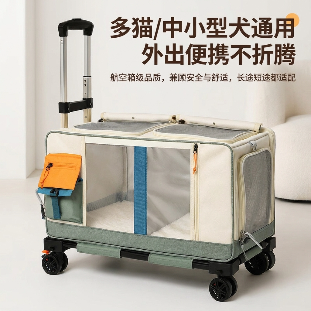 双舱大容量宠物拉杆包透气卷帘猫狗通用折叠外出便携多猫出行箱