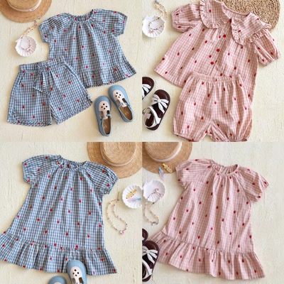 2026春夏新品爆款Floss同款女童宝宝格子纯棉草莓刺绣连衣裙套装