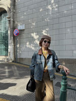 MONA复古做旧拼色翻领牛仔外套女2026秋新款时尚百搭宽松夹克上衣