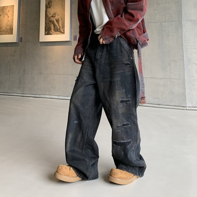 美式新款复古高街廓形做旧阔腿裤潮牌宽松大直筒黑色假破洞牛仔裤