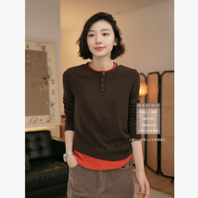 BUWANJUST 高品定制秋冬加厚绒感假两件设计感撞色打底上衣 B2289