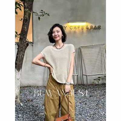 BUWANJUST 高品定制莱赛尔和纸纱凉感透气钩花宽松针织上衣B1938