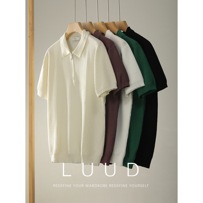 LUUD 新贵老钱砂感条纹肌理针织翻领短袖T恤男夏季透气清爽POLO衫