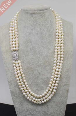 WOW! 3rows freshwater pearl white near round 7-8mm necklac