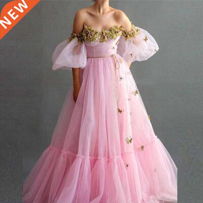 Off the Shoulder Floral Appliques Tulle Pink Prom Dresses Wi