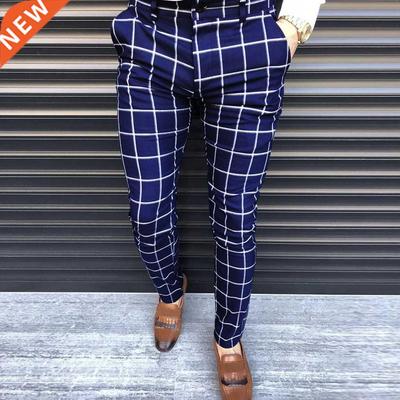 Fashion Men Pants Casual Business Slim Fit Plaid Print Zippe
